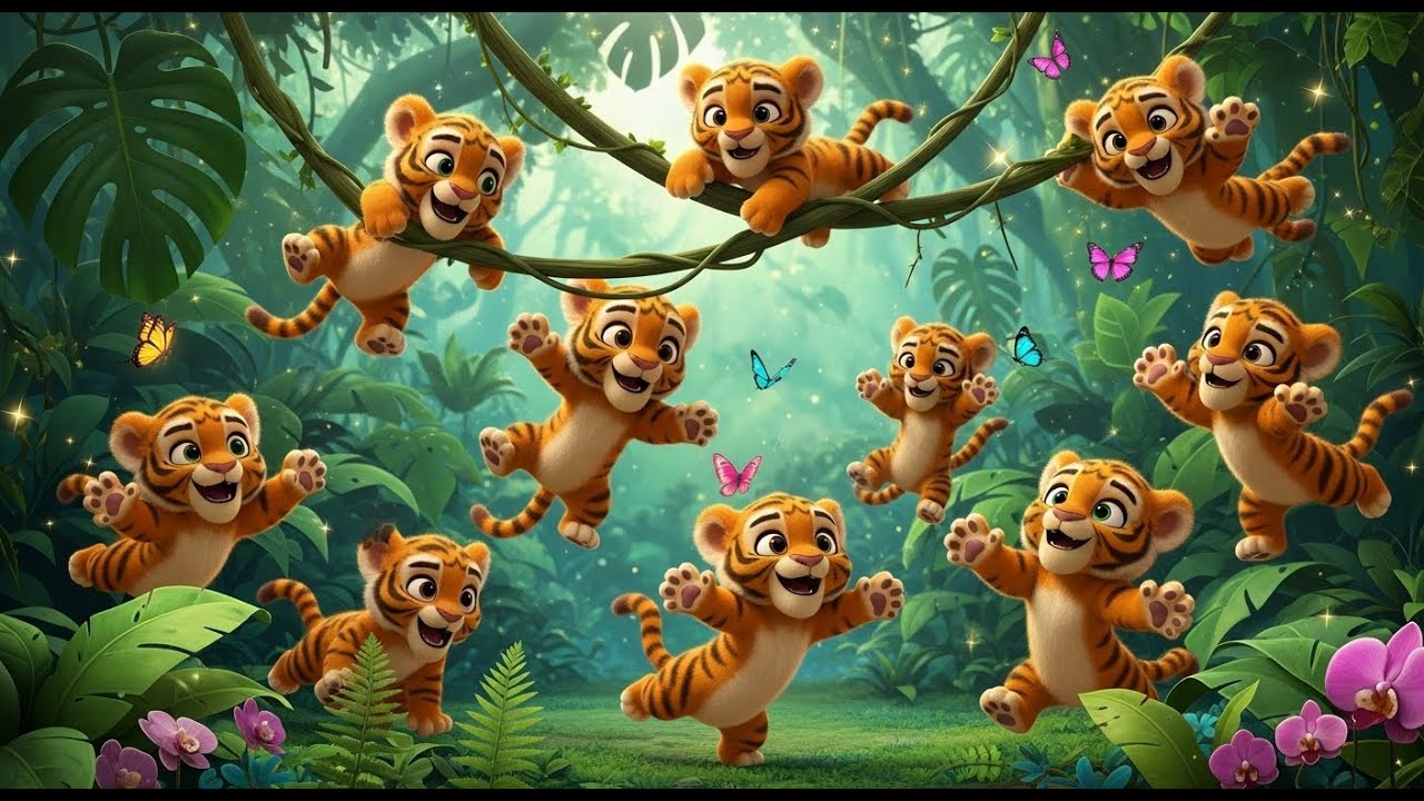 Ten Little Tigers Playing in the Jungle 🐅🌿 | Counting Song for Kids ...