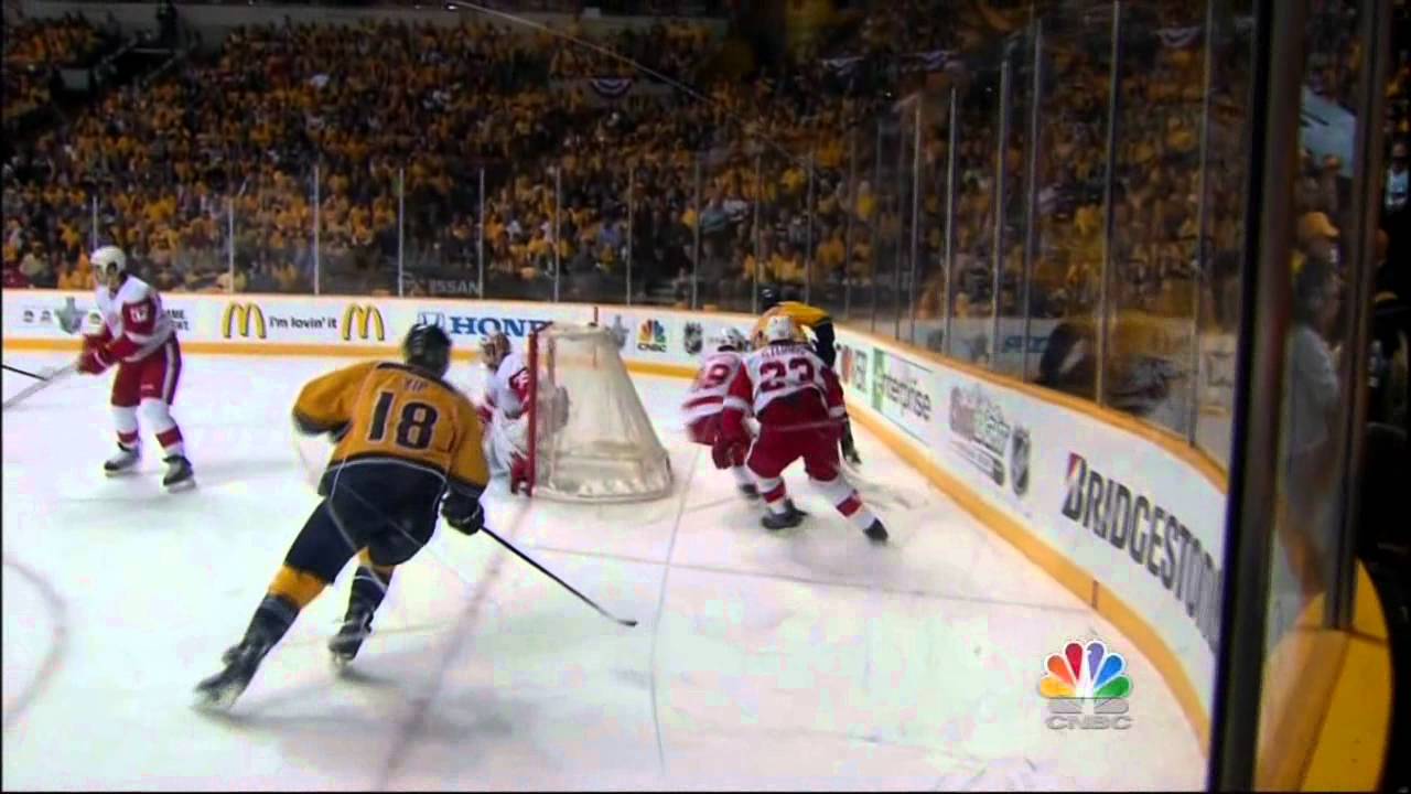 Paul Gaustad goal. Detroit Red Wings vs Nashville Predators 4/11/12 NHL ...