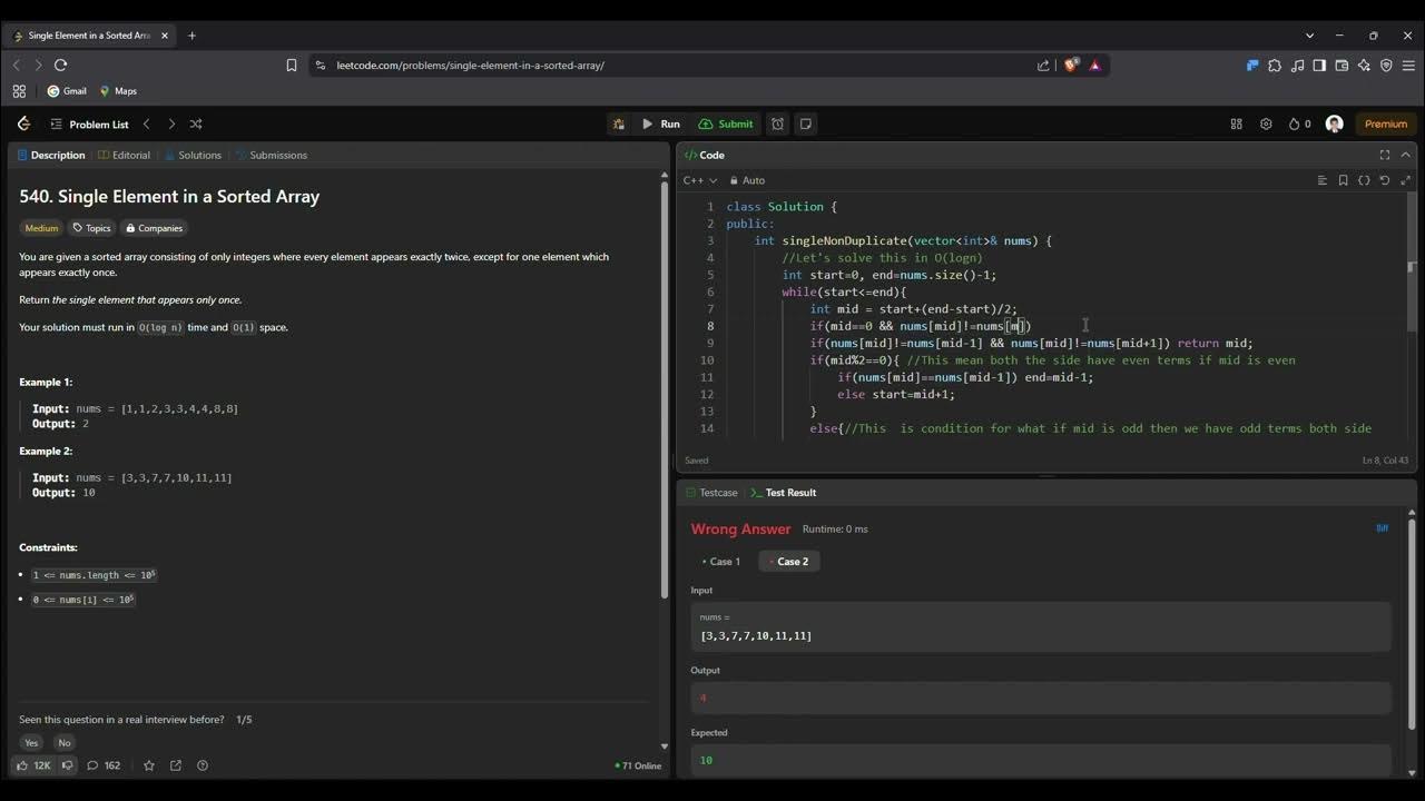 Single Element in a Sorted Array | LeetCode Optimal Solution | Problem 540 - YouTube
