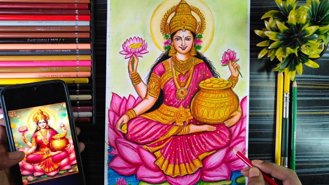 Maa Laxmi Drawing With Colour Pencil, How To Draw Lakshmi Mata, Lokkhi ...
