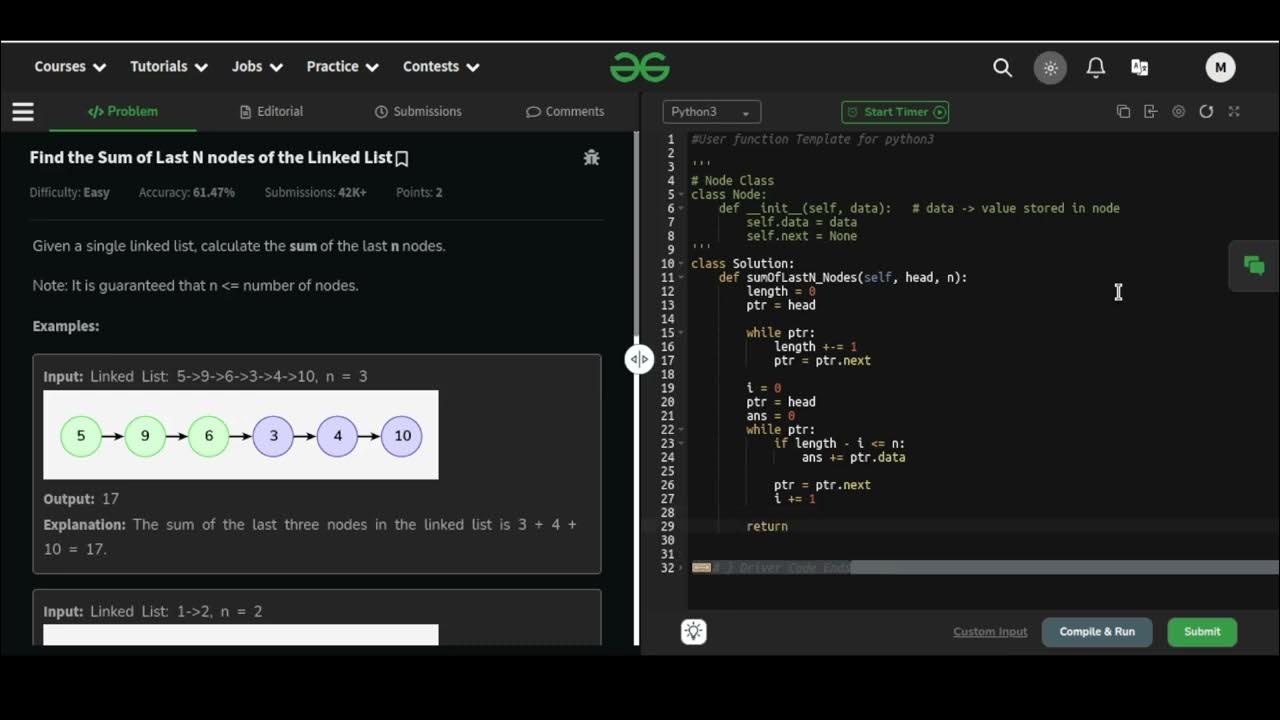 Find The Sum Of Last N Nodes Of The Linked List Geeksforgeeks Problem Of The Day Youtube