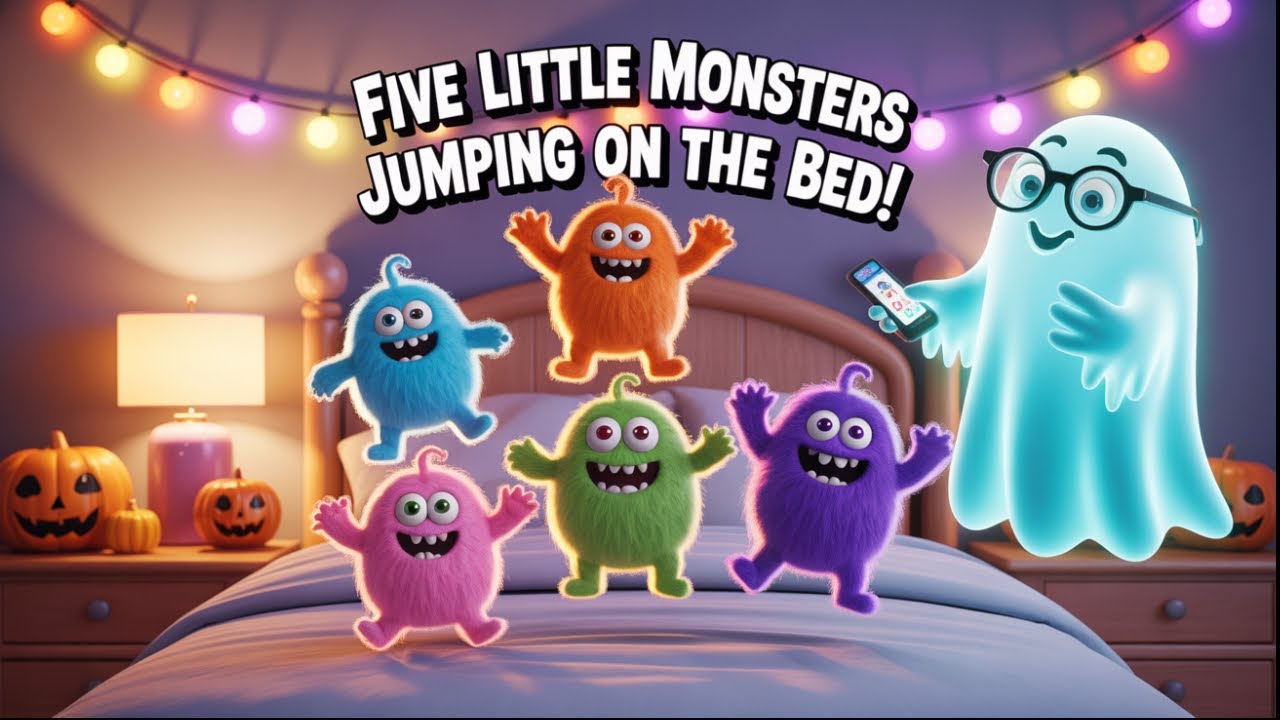 Five Little Monsters Jumping on the Bed 👻 | Halloween Song for Kids ...