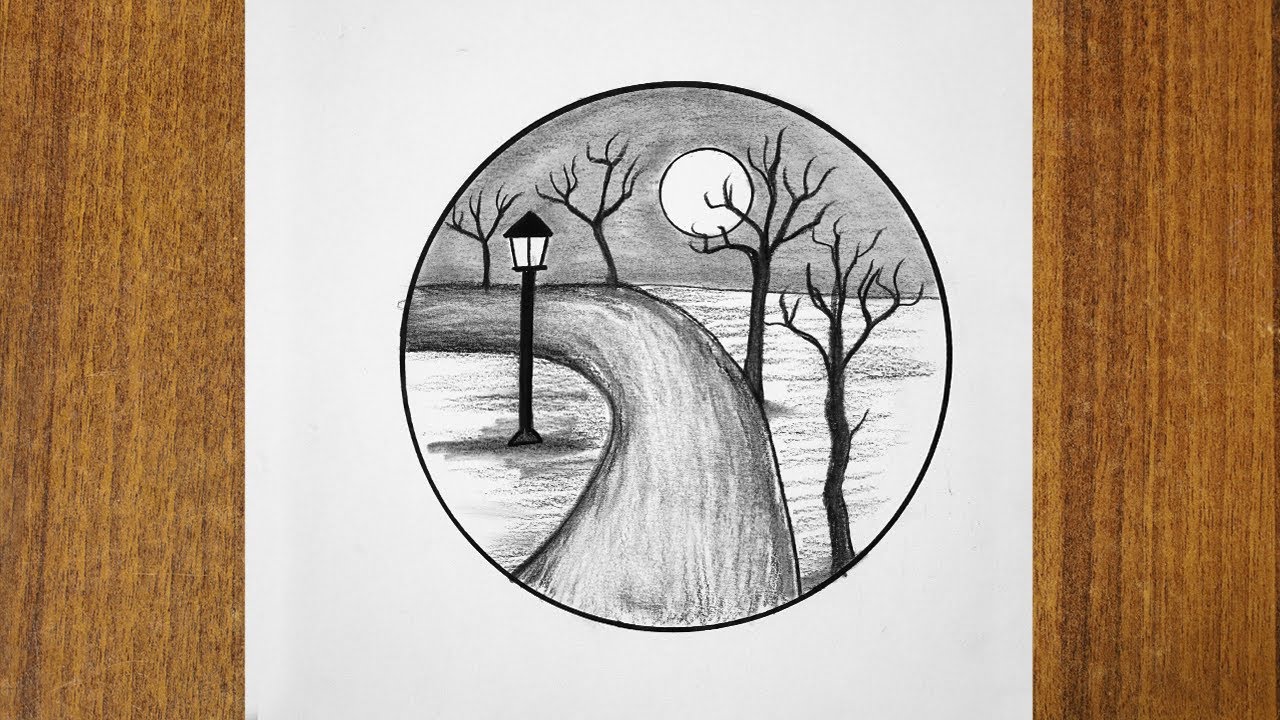 How to draw a road with a light at night || How to draw moonlight ...