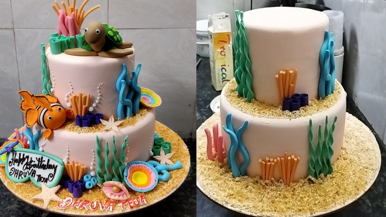 Two Tire Fondant Cake Recipe with Fish Theme Cake Decorating |1st ...