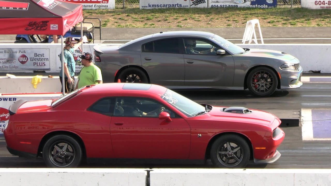 Hellcat Charger Hellcat vs Dodge Challenger Scat Pack - muscle cars drag racing - YouTube