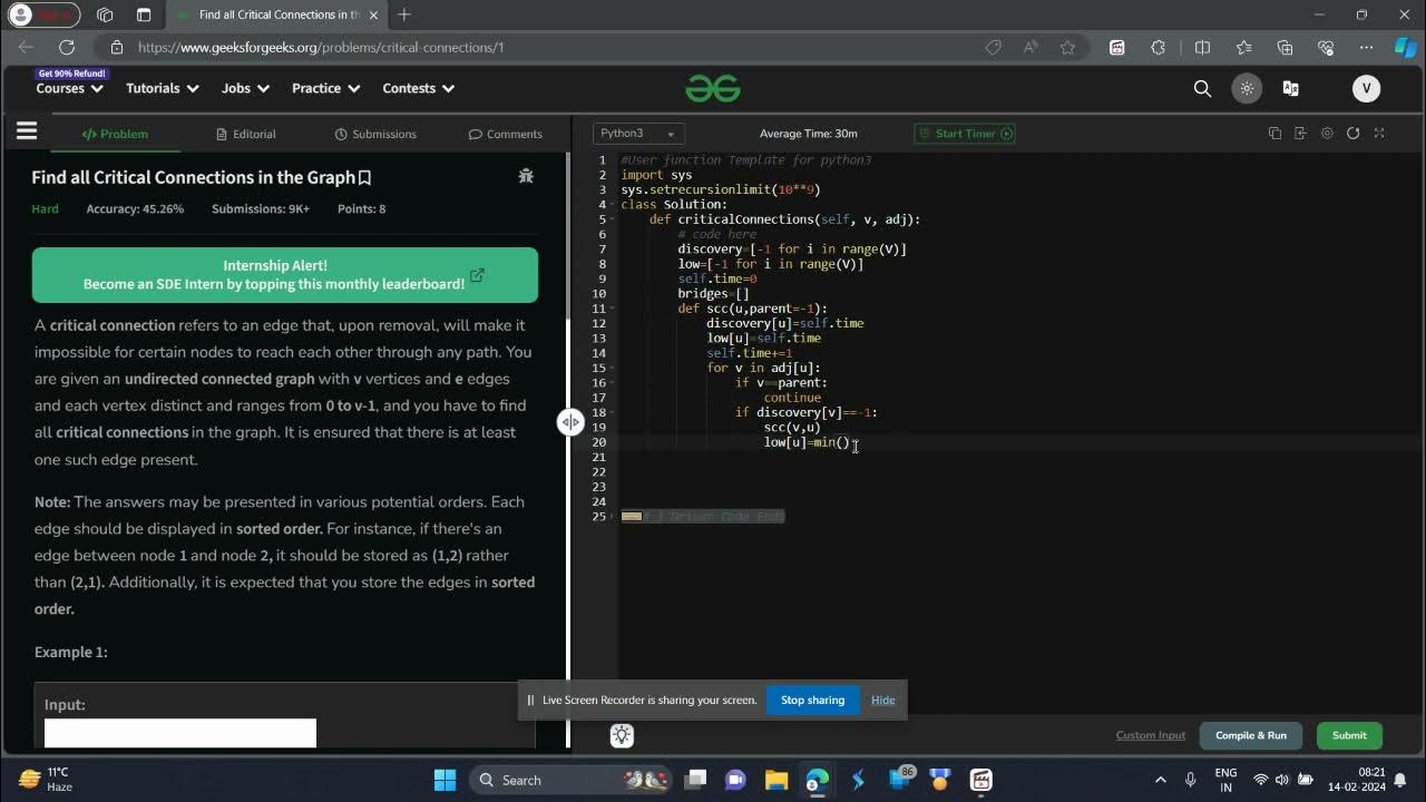 Find all Critical Connections in the Graph geeks for geeks problem of the day python gfg potd ...