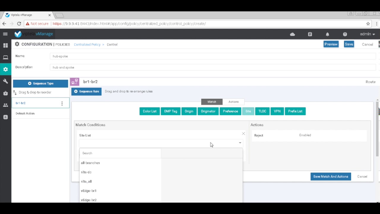 Viptela (Cisco SD WAN) hub and spoke policy - YouTube