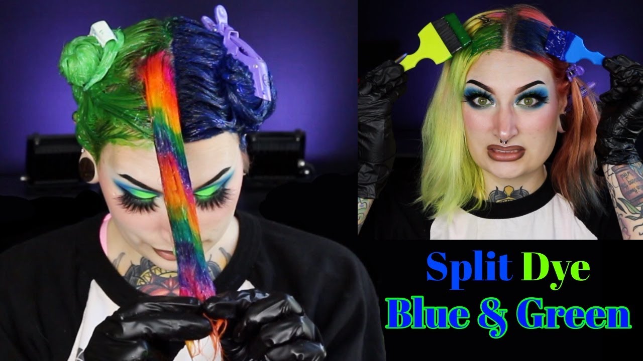 Blue And Green Split Dye Hair With A Splash Of Rainbow! - YouTube