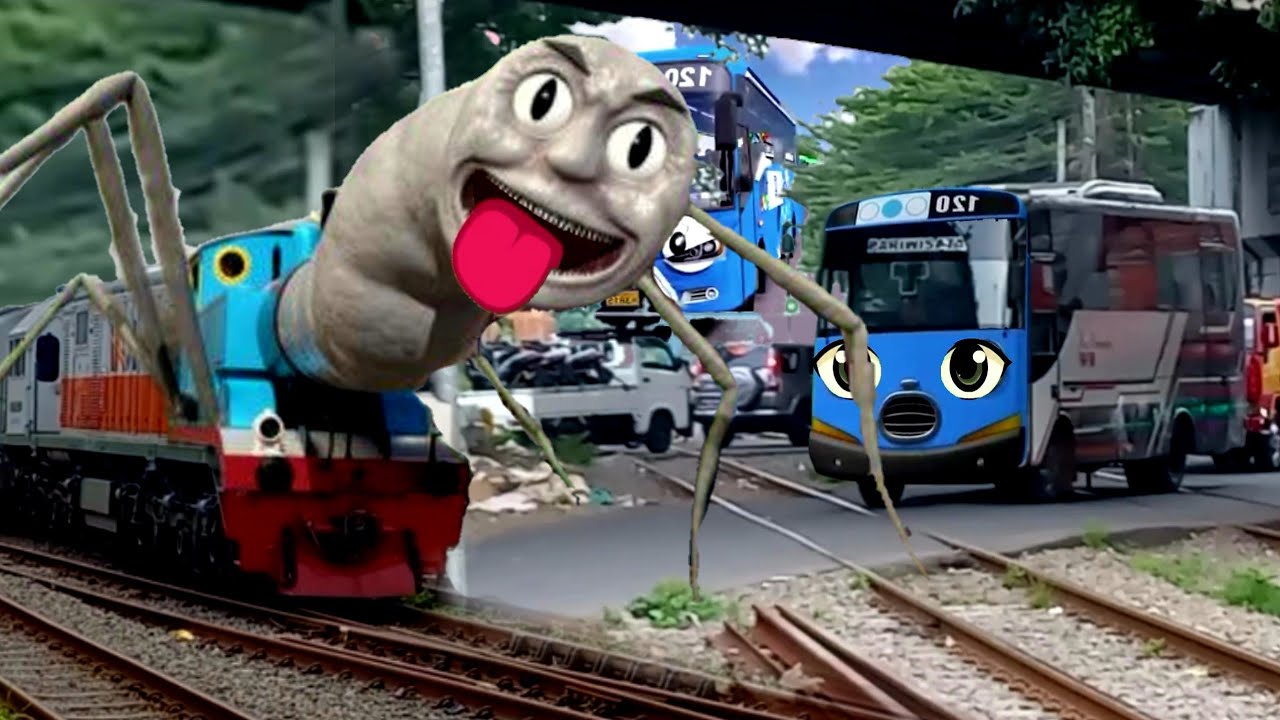 Wow kereta api thomas laba-laba & kereta api robot VS truk oleng & bis ...