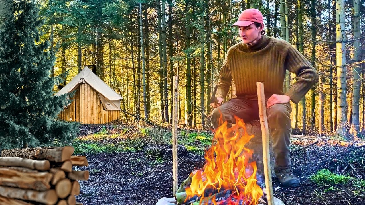 Off Grid Forest Cabin/Tent Living in Denmark - Building A Fire ...