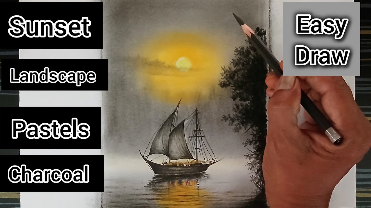 How to draw sunset mode water lake with boat using pastel color and ...