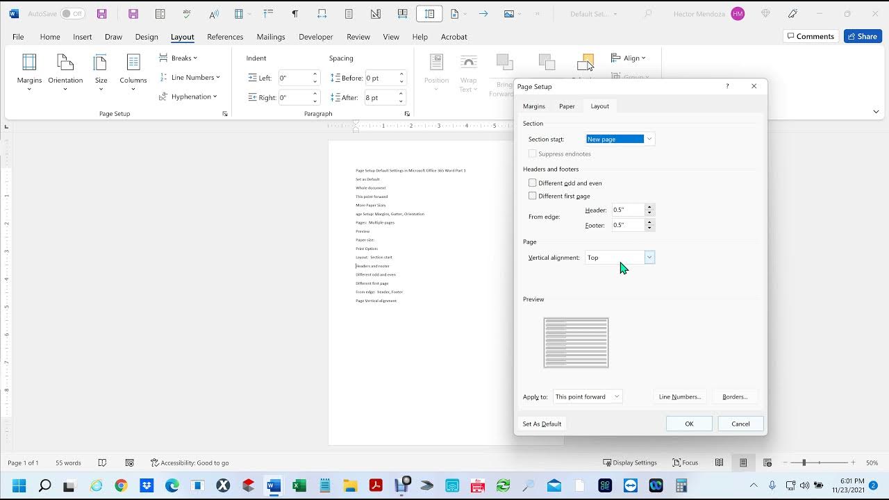 (MS Word) Page Setup Default Settings in Microsoft Office 365 Word Part ...