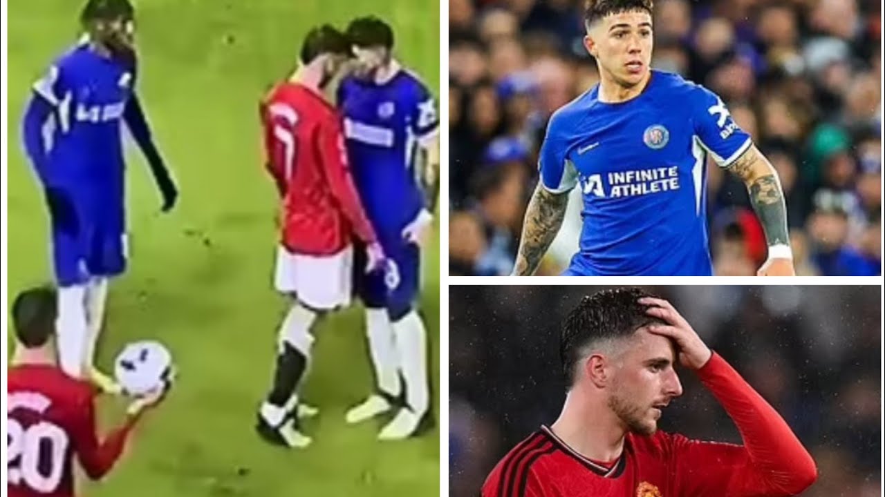 Enzo Fernandez and Mason Mount confront during Chelsea vs Manchester ...
