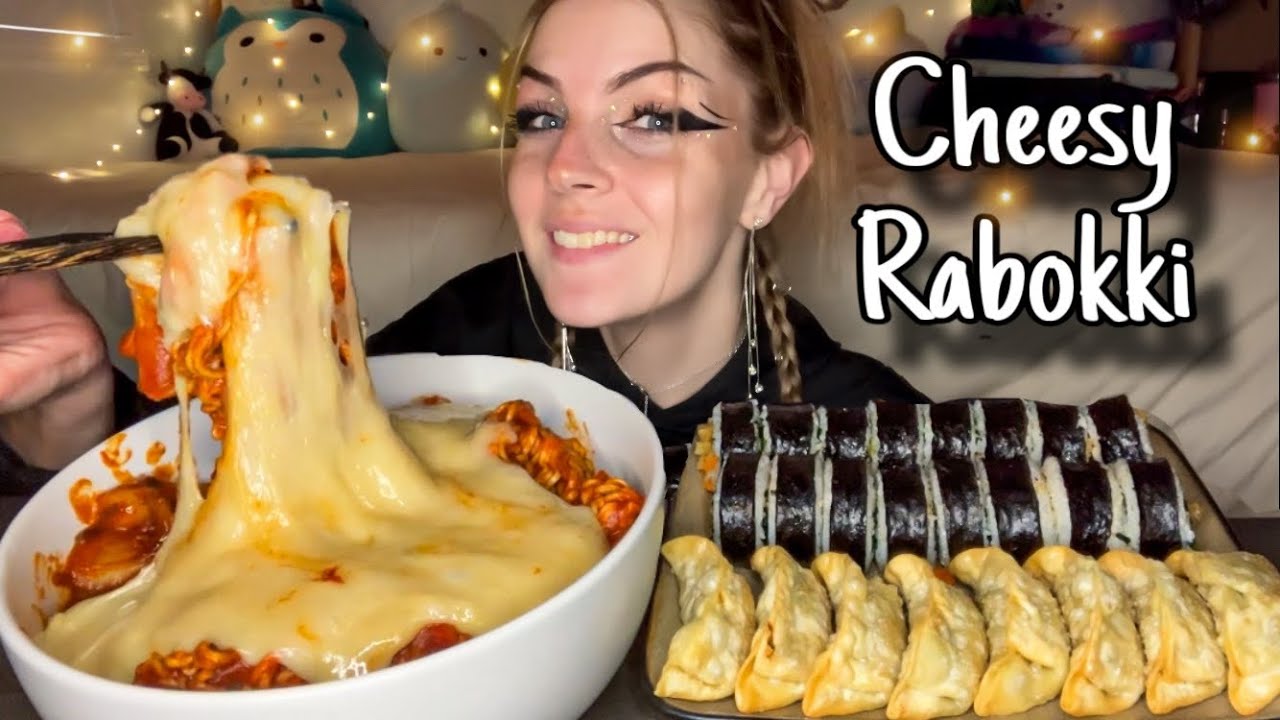 CHEESY RABOKKI, KIMBAP AND FRIED MANDU MUKBANG! (Vegan) (No Talking ...