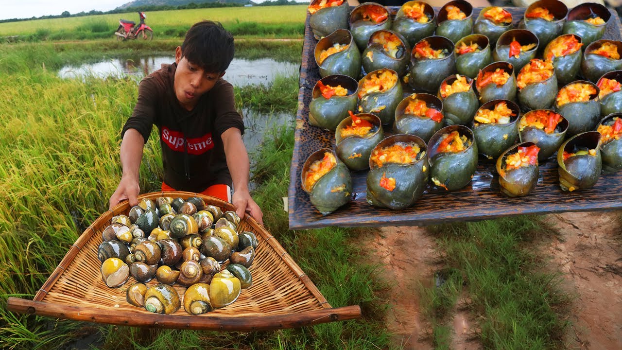This is a yummy cooking grilling snails recipe | Catch Snails from rice ...