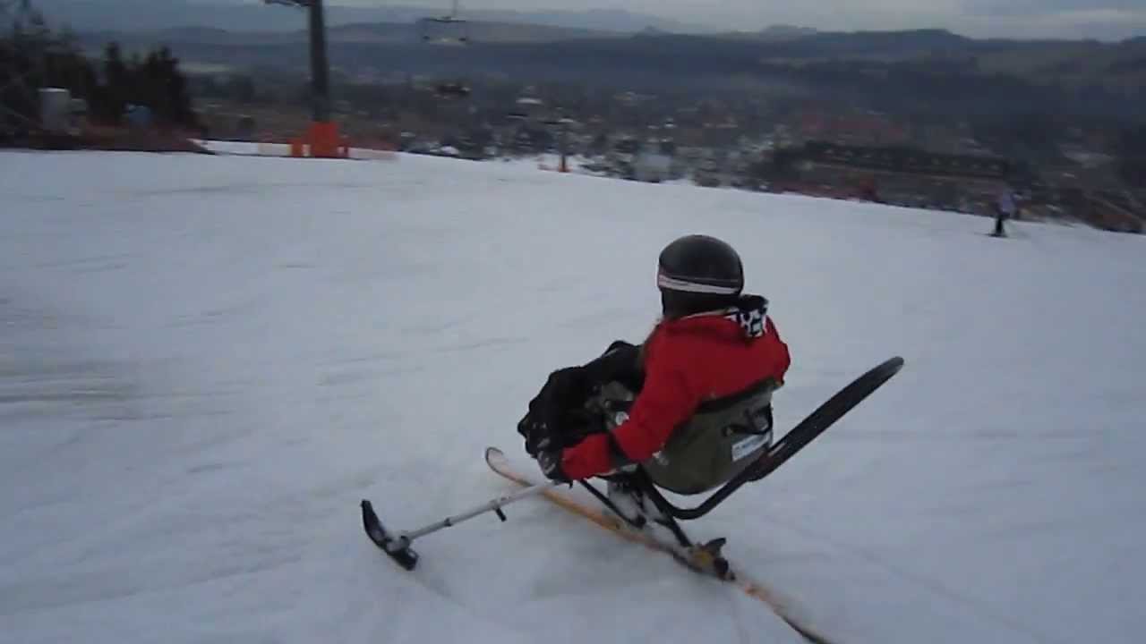 Kids mono-ski lesson in Europe - YouTube