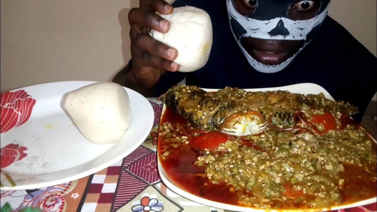 Banku and Giant Tilapia and crabs with okro soup ASMR mukbang (no ...