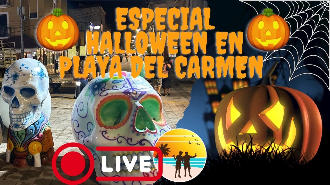 Halloween de noche, en la quinta avenida de Playa del Carmen. En vivo ...