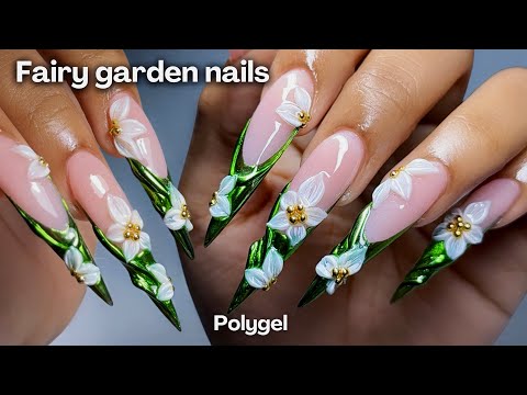 Fairy Garden Nails 🌱✨ polygel nail extensions at home + long stiletto nails ⋆˚࿔ Summer nails