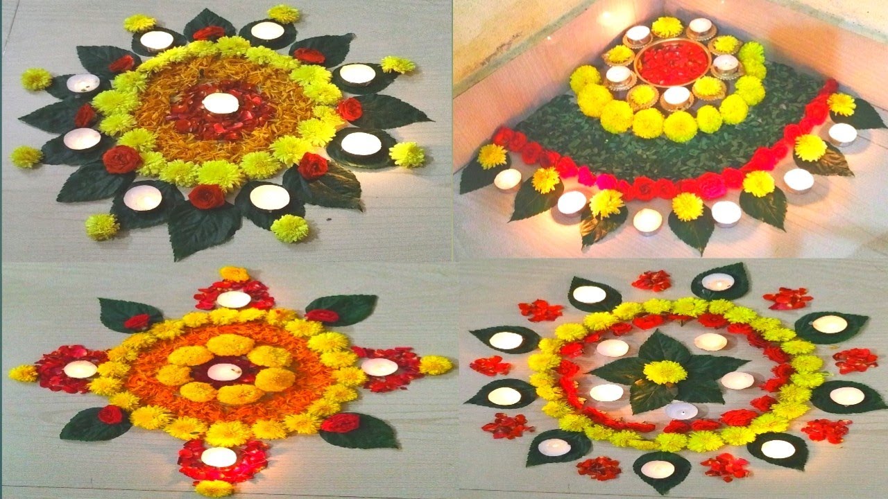 4 Simple Diwali Flower Rangoli designs/Flower rangoli designs for ...