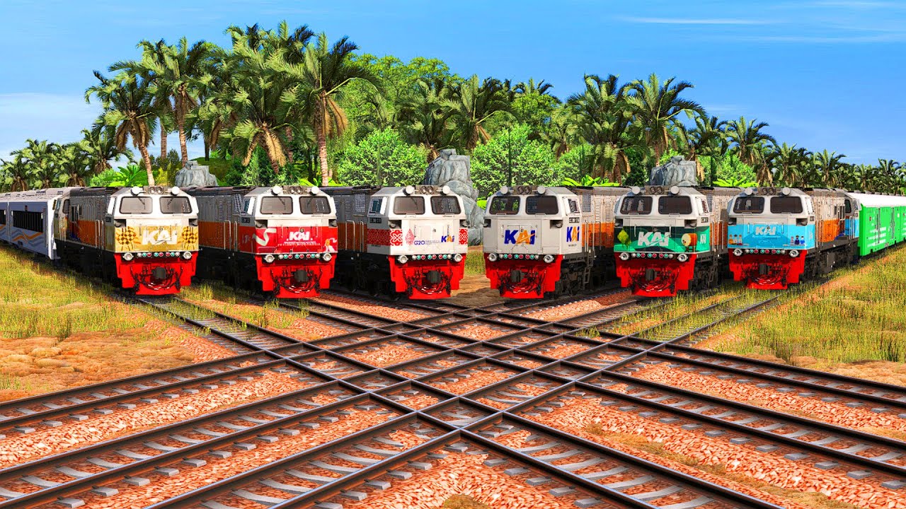 6 COLORFUL DIESEL TRAINS CC206 CROSSING LINE UP ON EACH RAILROAD TRACK ...