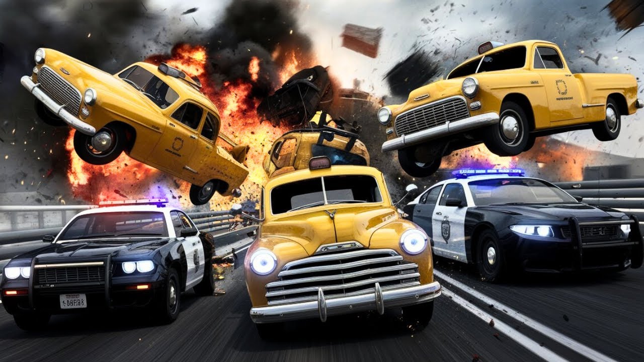 Thrilling Taxi Takedown: Epic Police Pursuit of 3 Classic Yellow Cabs ...