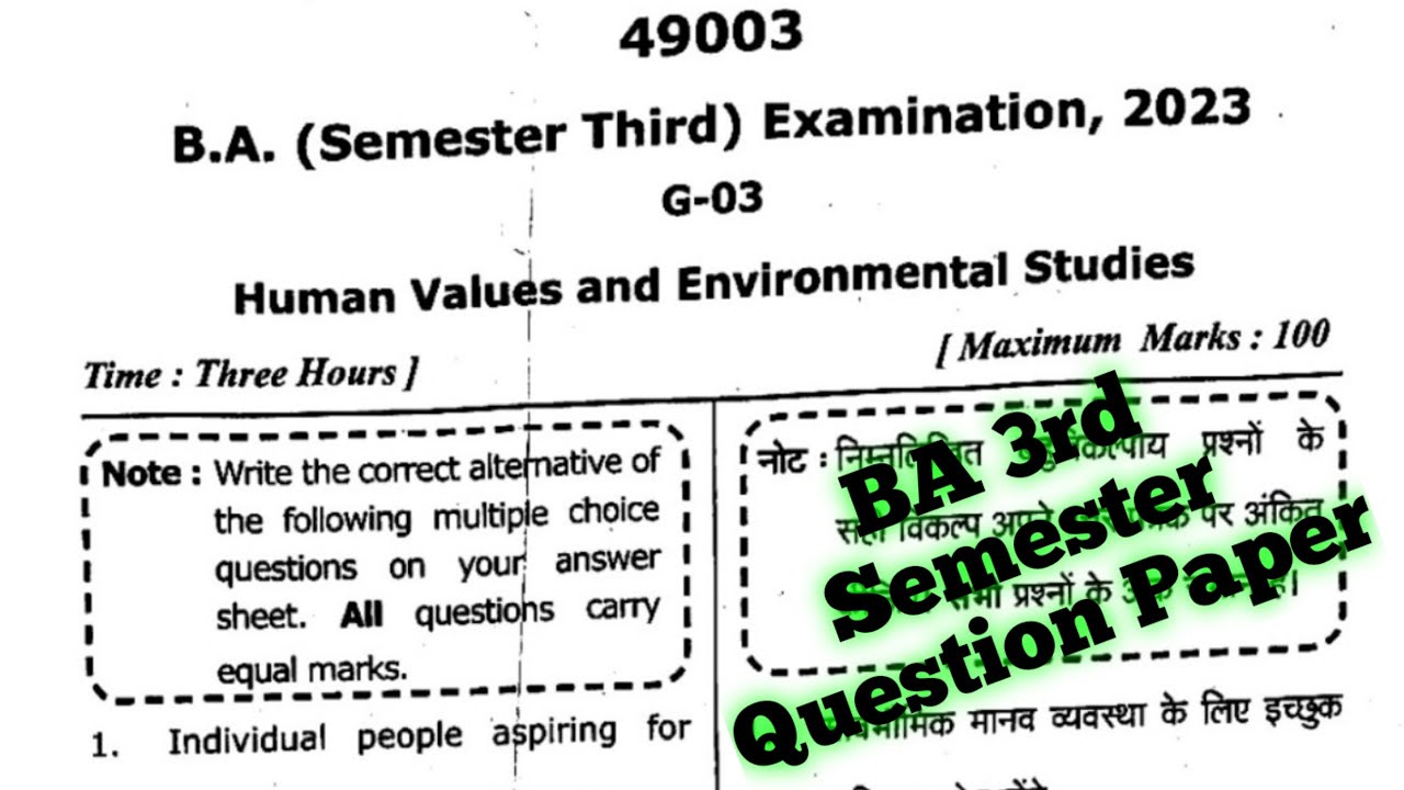 BA 3rd Semester Human Values and Environmental Studies Question Paper ...