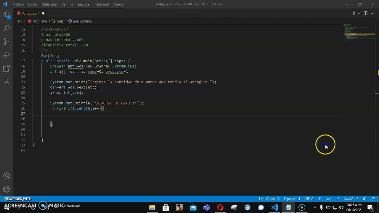 Ejercicio 04 Estructura de Datos- suma, resta y multiplicación de elementos de un array en JAVA ...