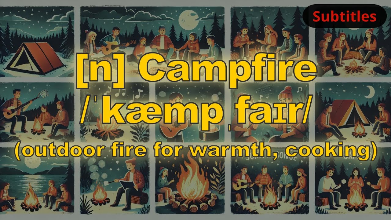 [n] Campfire meaning (outdoor fire for warmth, cooking) with 5 examples ...