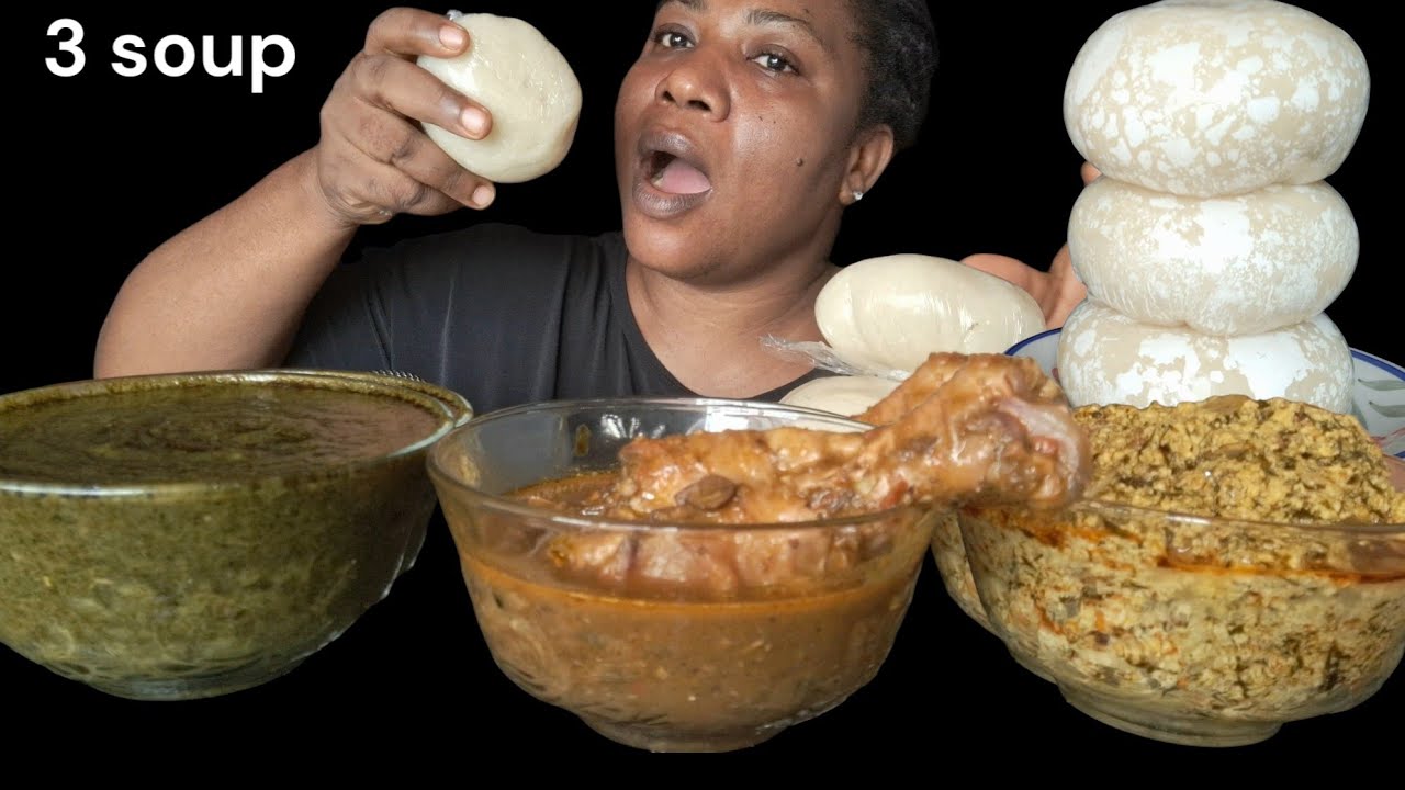 African food mukbang/ fufu +3 Difference soup, egusi soup, Black soup ...