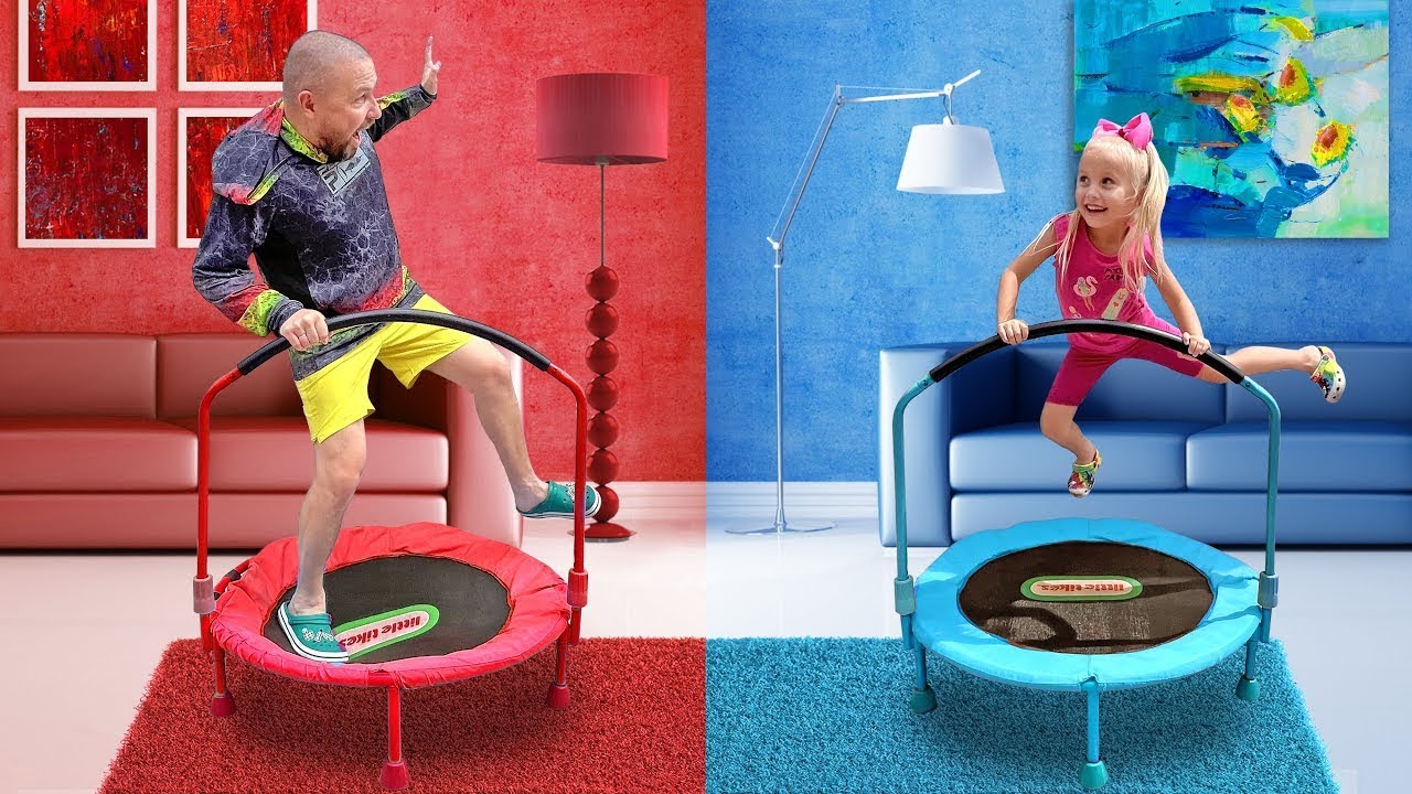 Alice and Dad explore children's trampoline and playhouse for kids ...