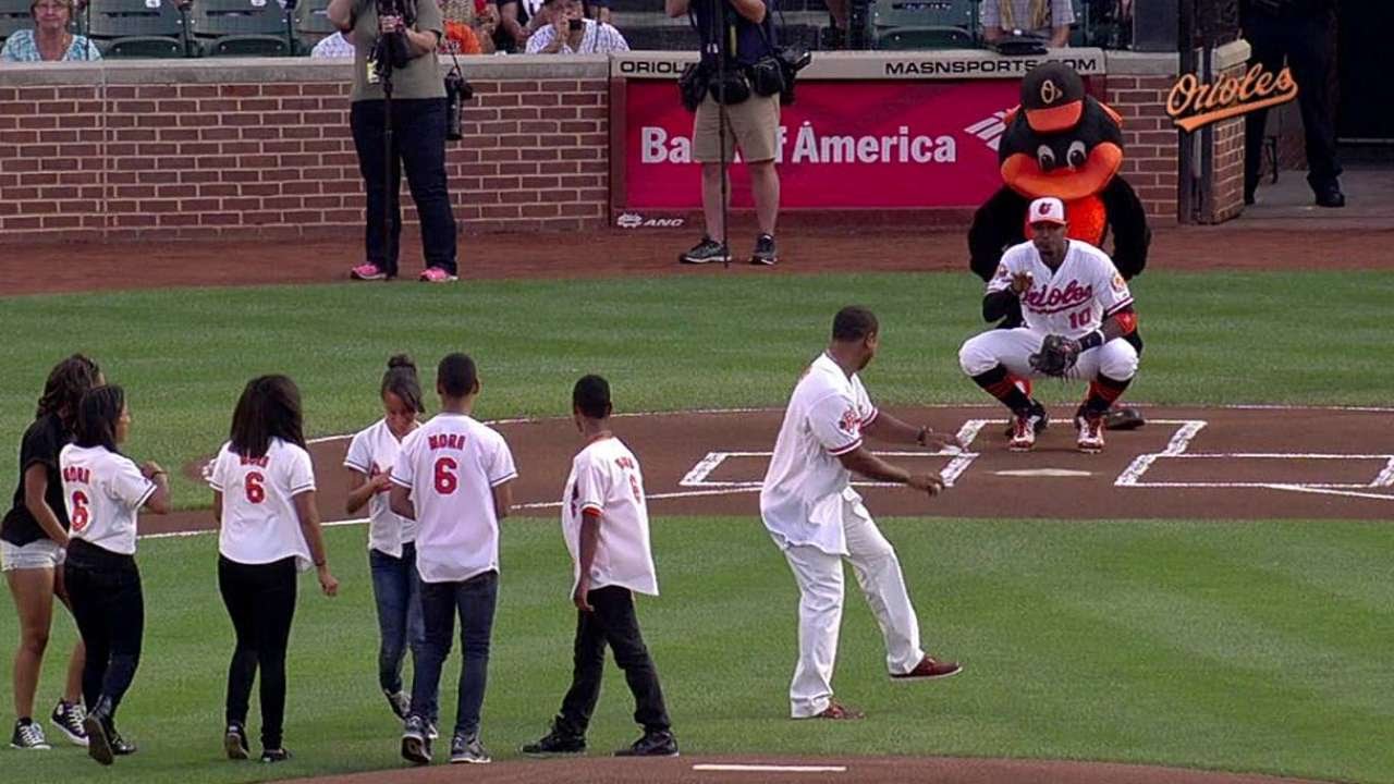 Mora and his quintuplets throws first pitch - YouTube