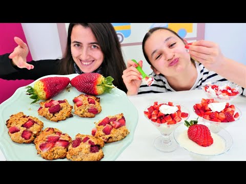 Kızlar için eğitici video - Çilekli kurabiye ve kolay pişi tarifi! Gerçek yemek yapma oyunları