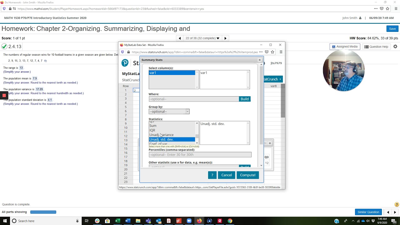 0205 Finding Variances and Standard Deviations with Statcrunch HW #22 ...