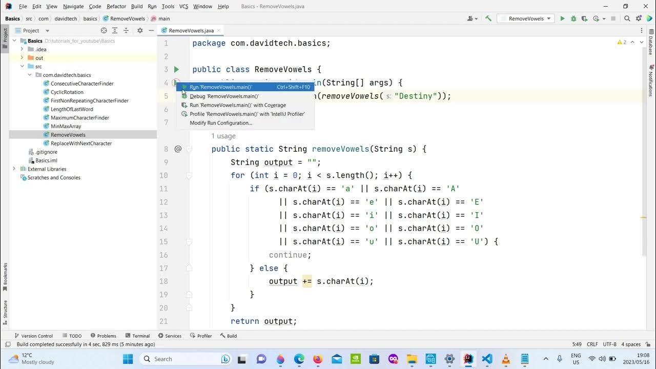 Remove vowels in a String - YouTube