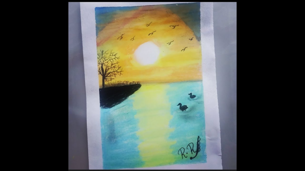 oil pastel drawing sunset, sunlight lake oil pastel drawing,easy step ...