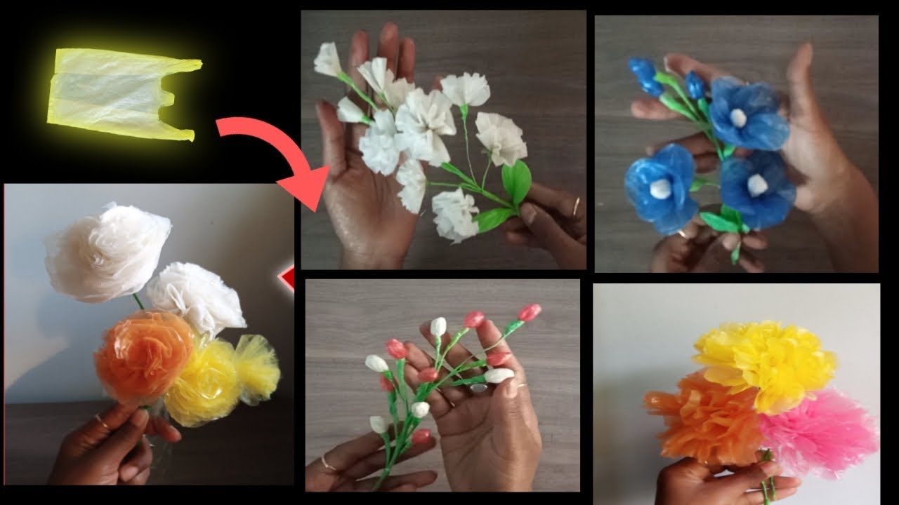 DIY 5 Easy polythene flower ideas/Best out of waste/ polybag flowers ...