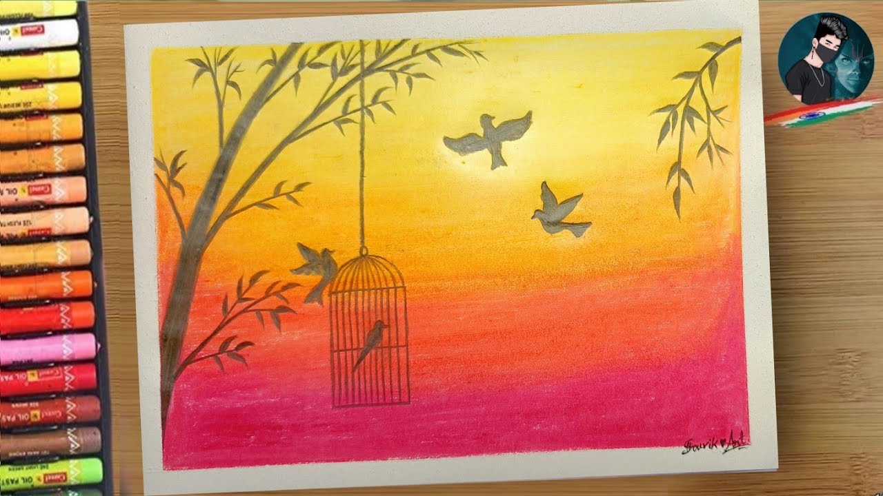 Sunset Bird Shadow Drawing / How To Draw A Along Bird / Easy Oil Pastel ...