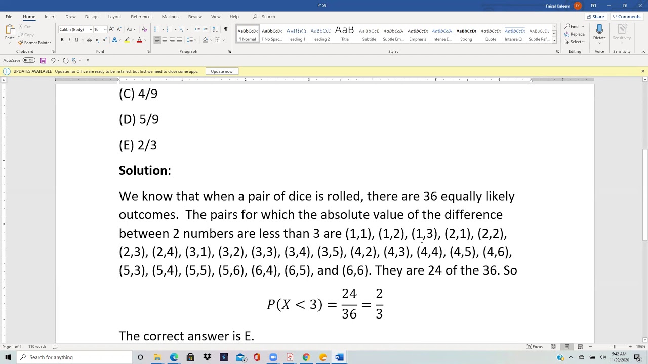 Actuarial SOA Exam P Sample Question 113 (once 159) Solution - YouTube
