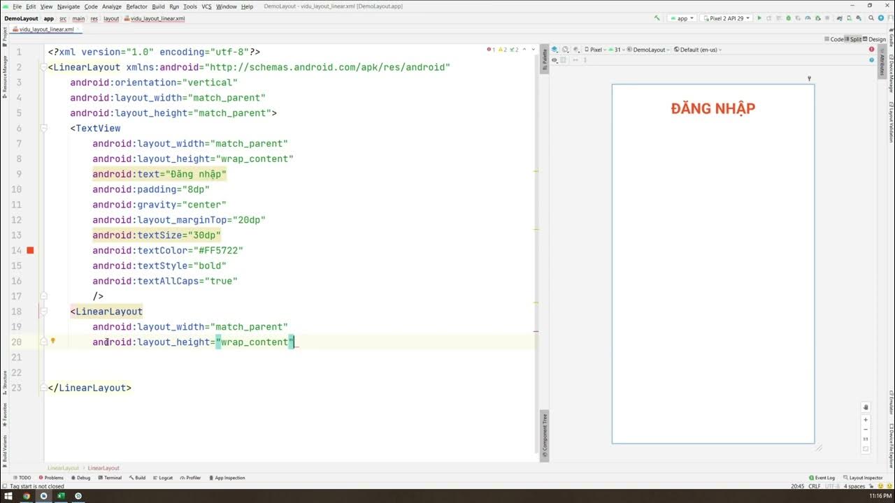 Android java - Làm giao diện màn hình đăng nhập với LinearLayout - YouTube