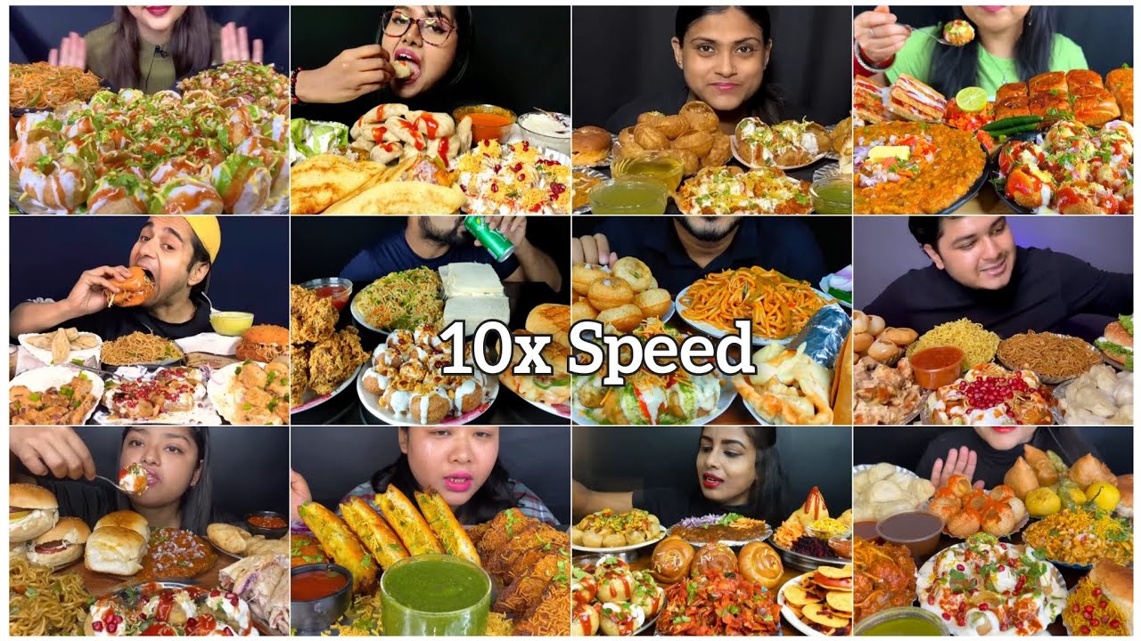 Eating Indian Street Food Dahi Puri, Pani Puri, Samosa, Vada Pav, Pav ...