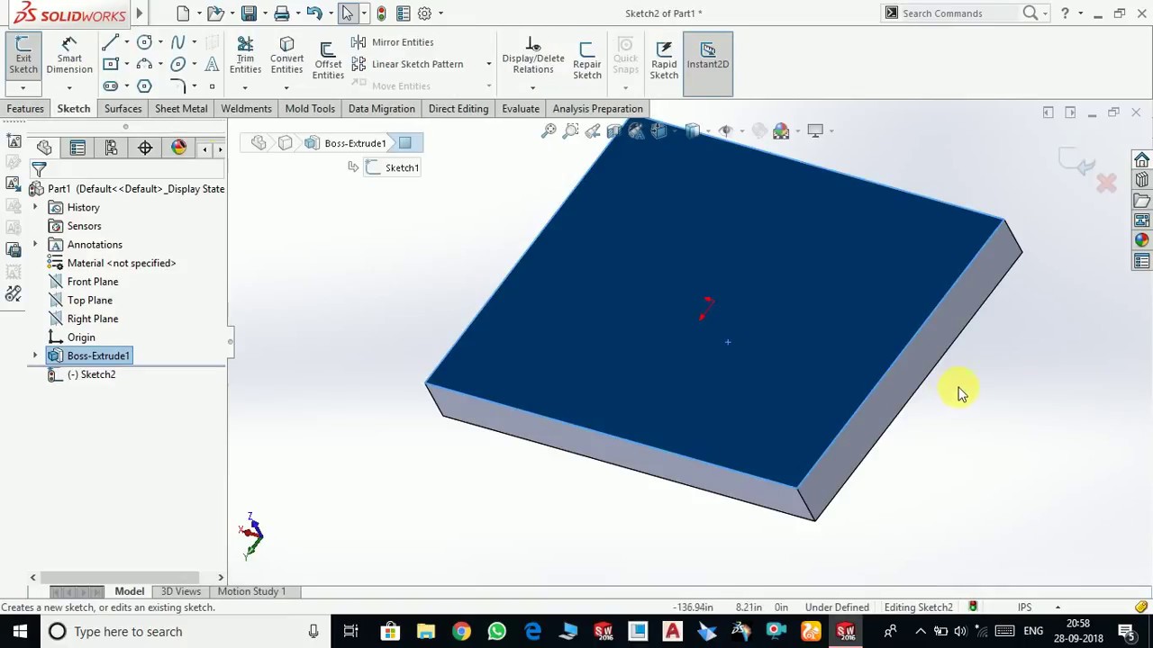 9 SOLIDWORKS BASIC EXTRUDE, EXTRUDE CUT, MAKING HOLE ON FACE - YouTube