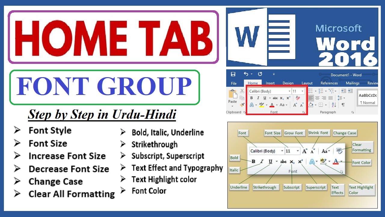 Font Group in Home Tab | Formatting Text in MS WORD 2016 - YouTube