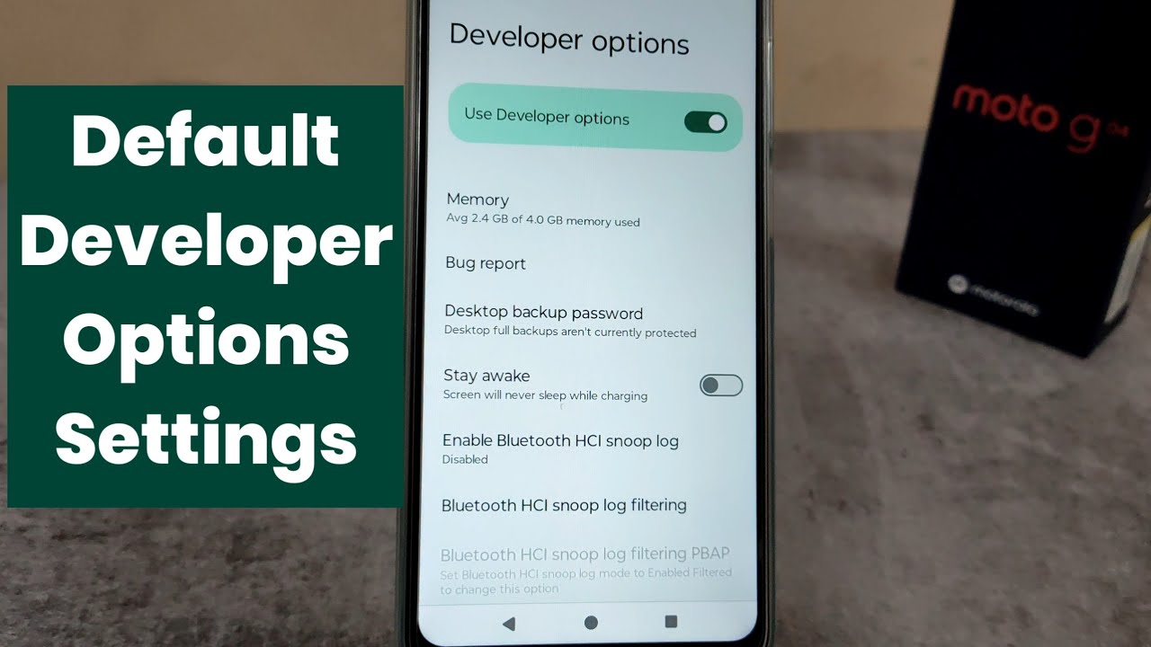 showing default developer options settings in motorola moto g04 mobile ...