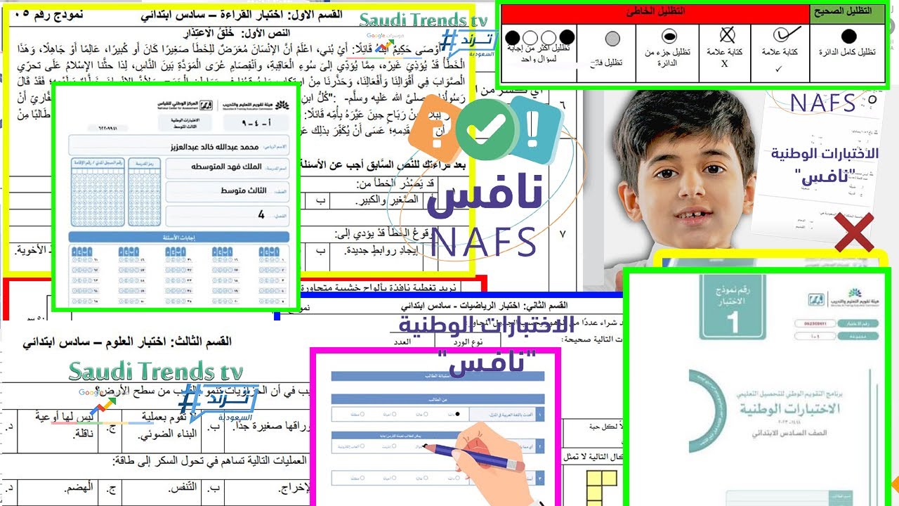 نماذج اختبار نافس سادس ابتدائي القراءة والعلوم والرياضيات حل اختبار
