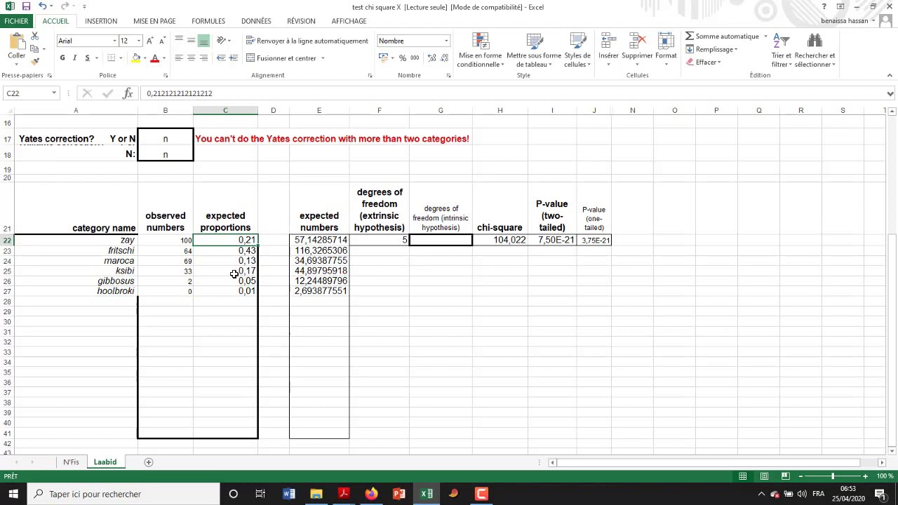 KHI DEUX (ou KHI CARRE) : Calcul dans Excel - YouTube