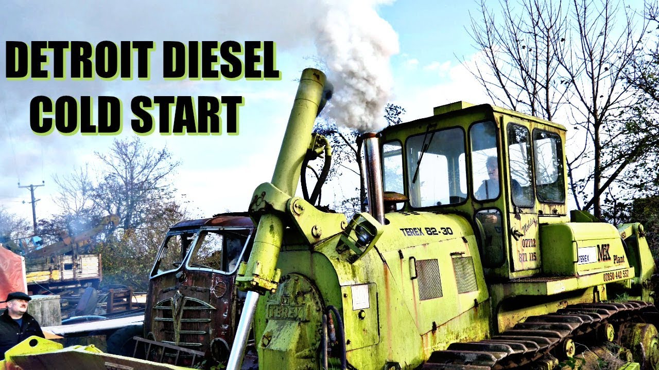 Terex bulldozer roars to life after cold start - YouTube