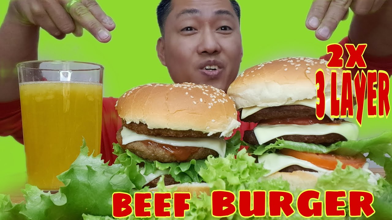 Mukbng/2× 3 layer beef burger/home made - YouTube