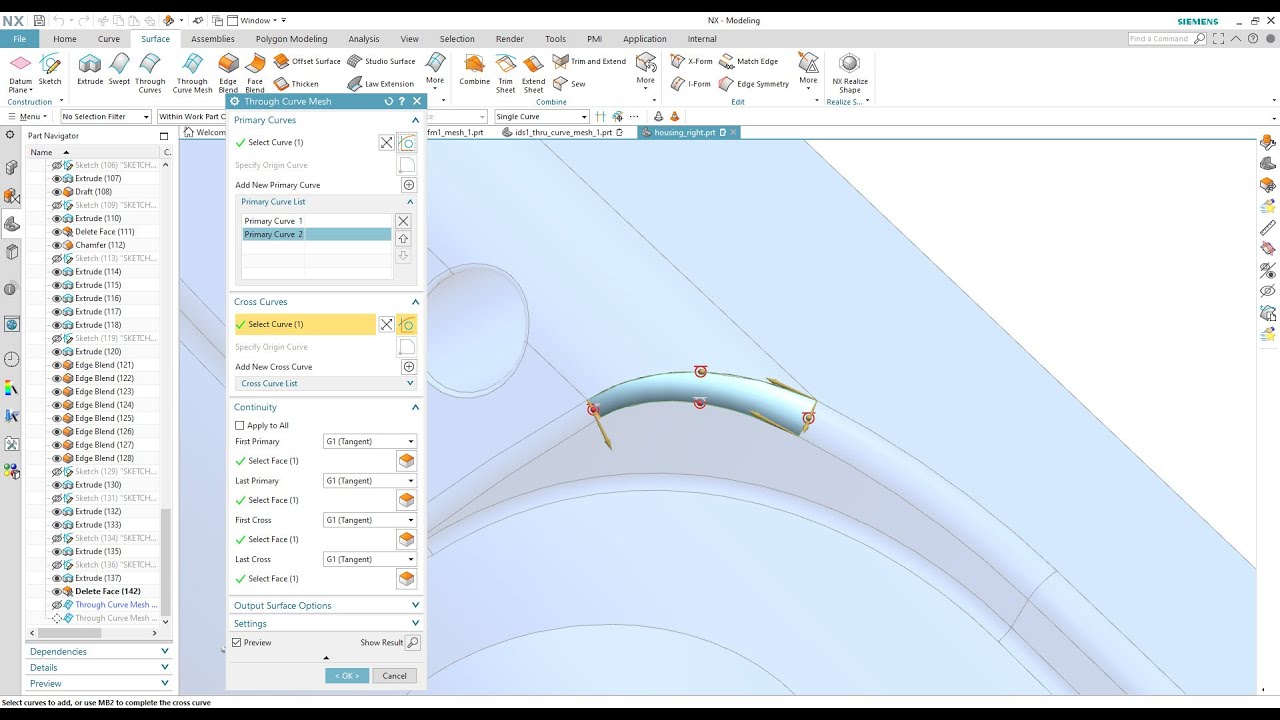 NX CAD Through Curves Mesh - YouTube