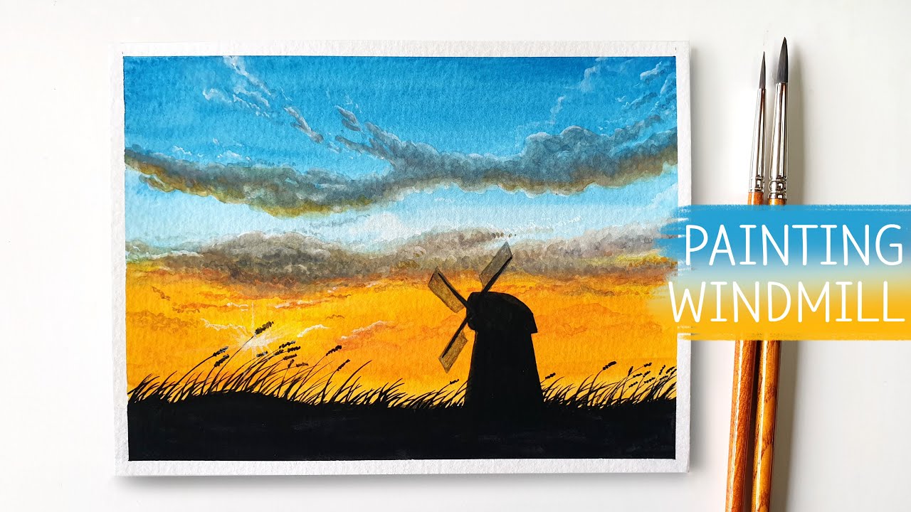 Daily Watercolor Painting / Sunset Windmill Painting / Windmill Landscape / #51 - YouTube